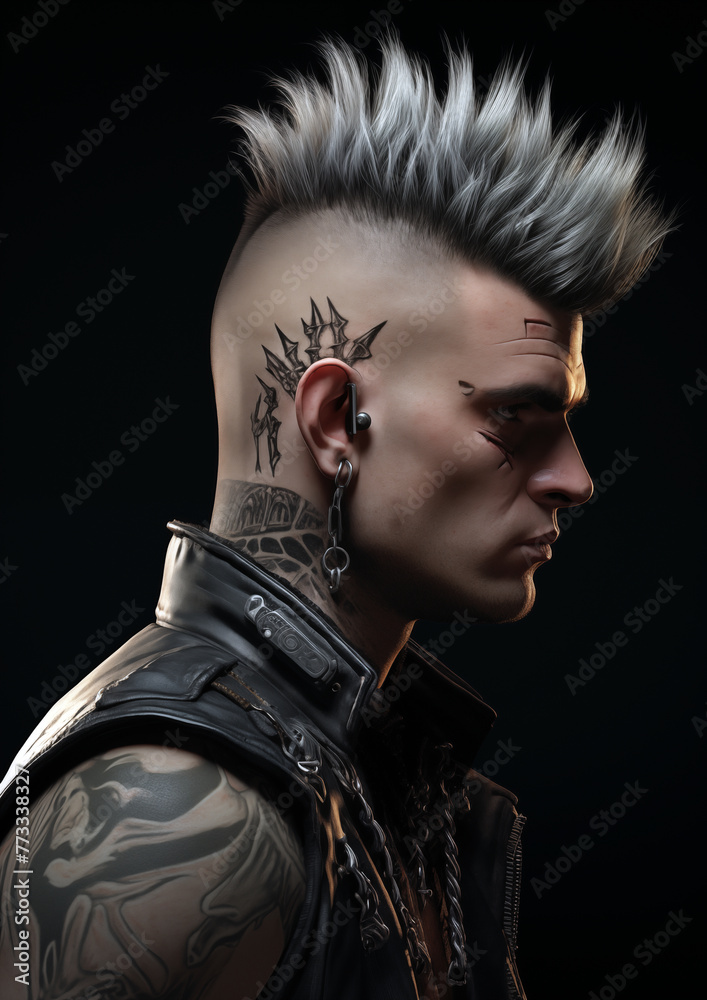 Le portrait d'un punk avec une coupe de cheveux Mohawk et des tatouages ...