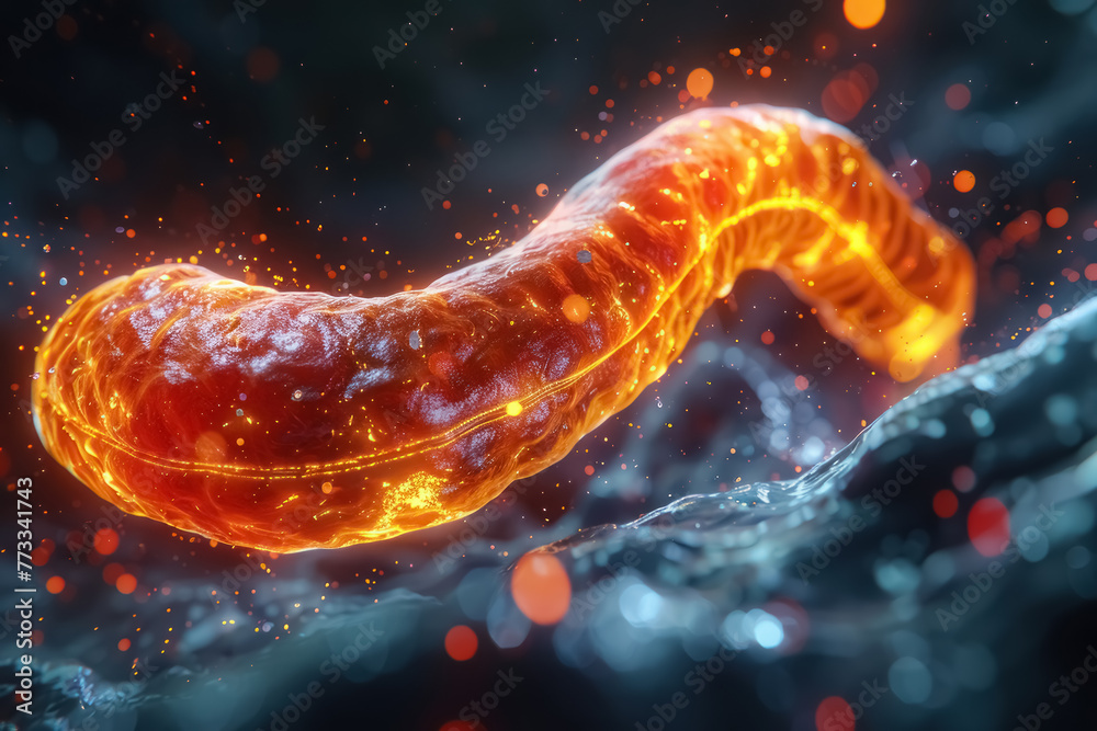 3D illustration of a human pancreas showing the effects of diabetes, a ...