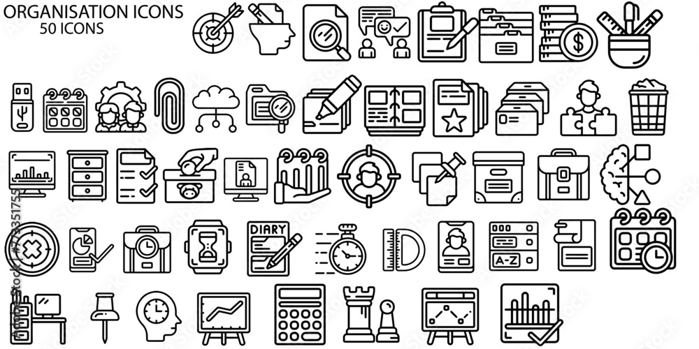 Vector set of linear icons related to business process, team work and ...