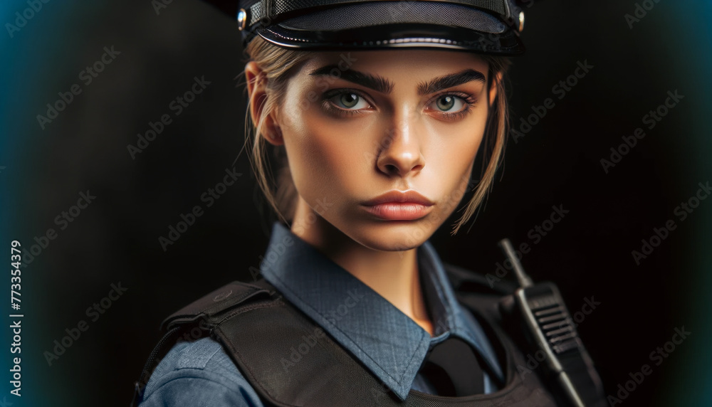 Closeup of a female police officer on duty, her expression serious and ...