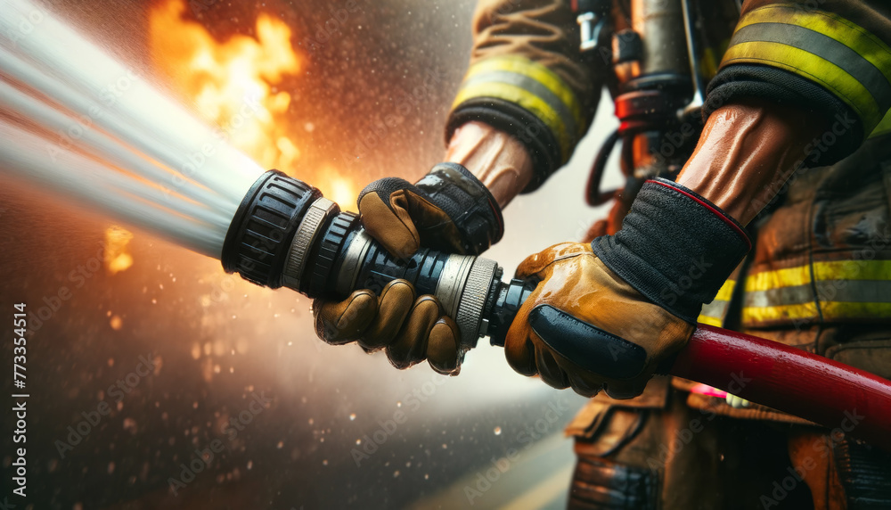 A detailed view of a firefighters hands holding a fire hose tightly ...