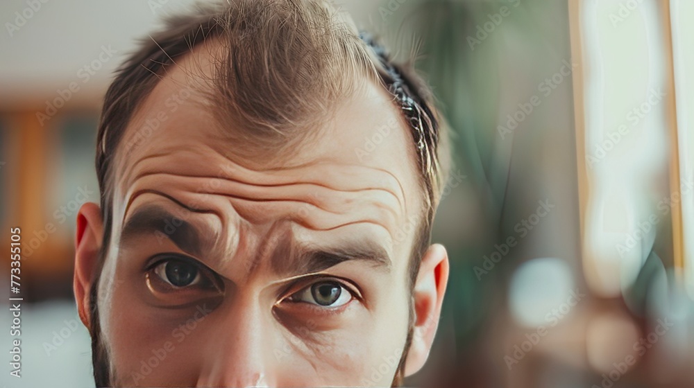 eyes of a young man, his furrowed brows betraying his worry about hair ...