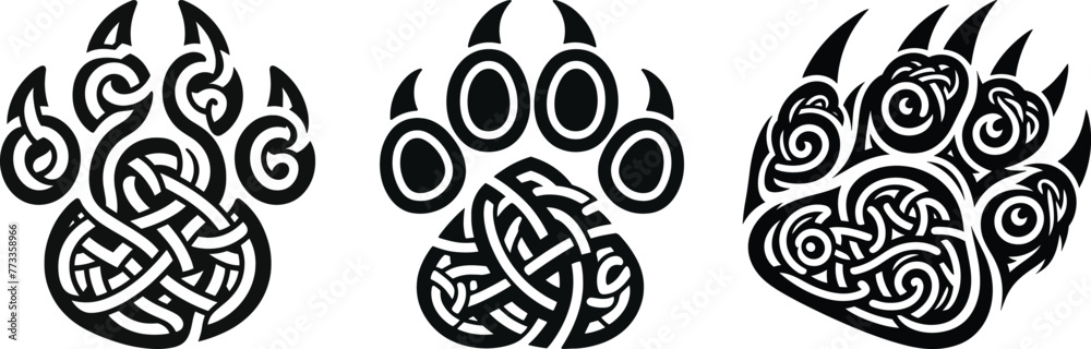 Bear paw set of nordic symbol. Celtic interlaced pattern isolated vector. Nordic symbol. Celtic ...