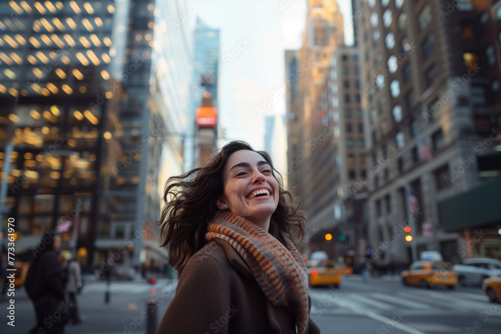 Joyful Woman Enjoying City Life on Sunny Street. A woman radiating joy ...