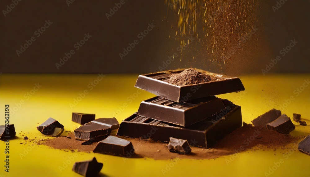 Dark chocolate bars on yellow background with falling cocoa powder ...