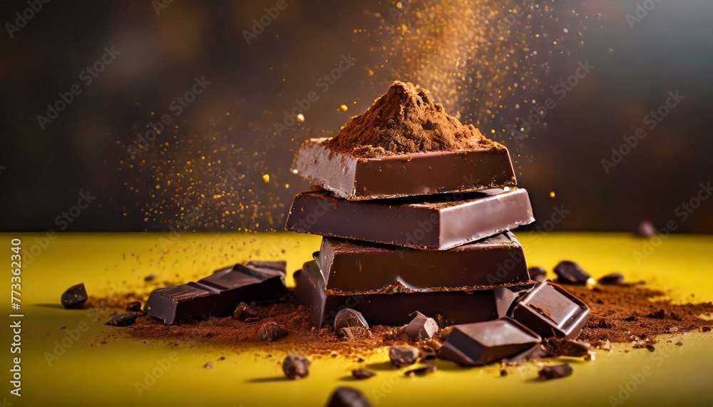 Dark chocolate bars on yellow background with falling cocoa powder ...