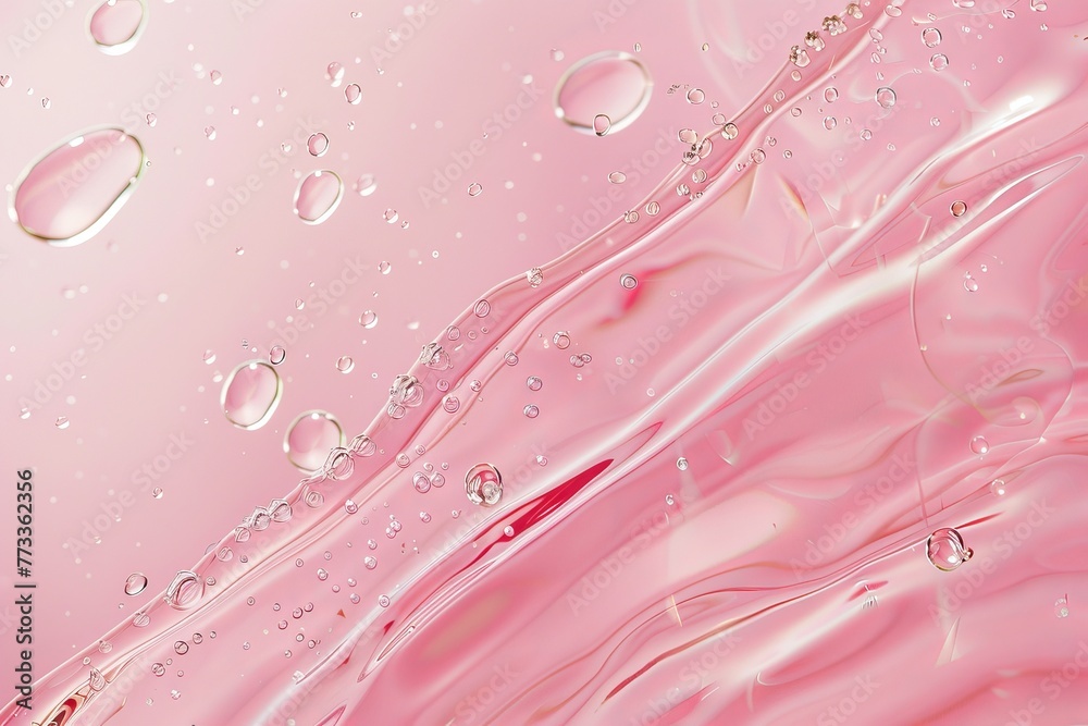 Pink and transparent oil bubbles on water, collagen and retinol serum ...
