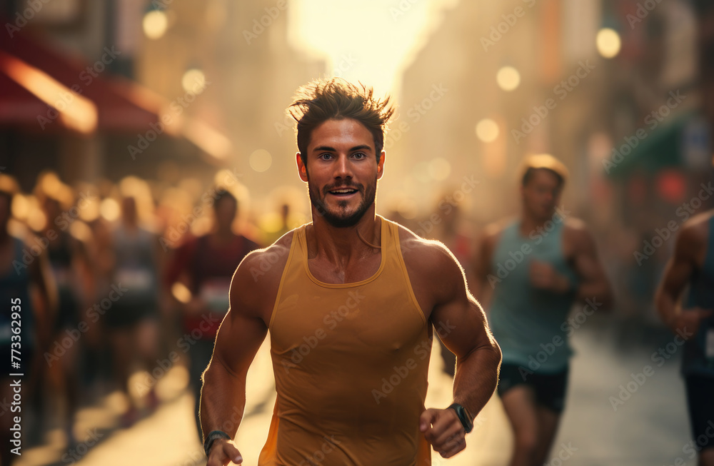 Marathon. Portrait of a happy man running along a city street against ...