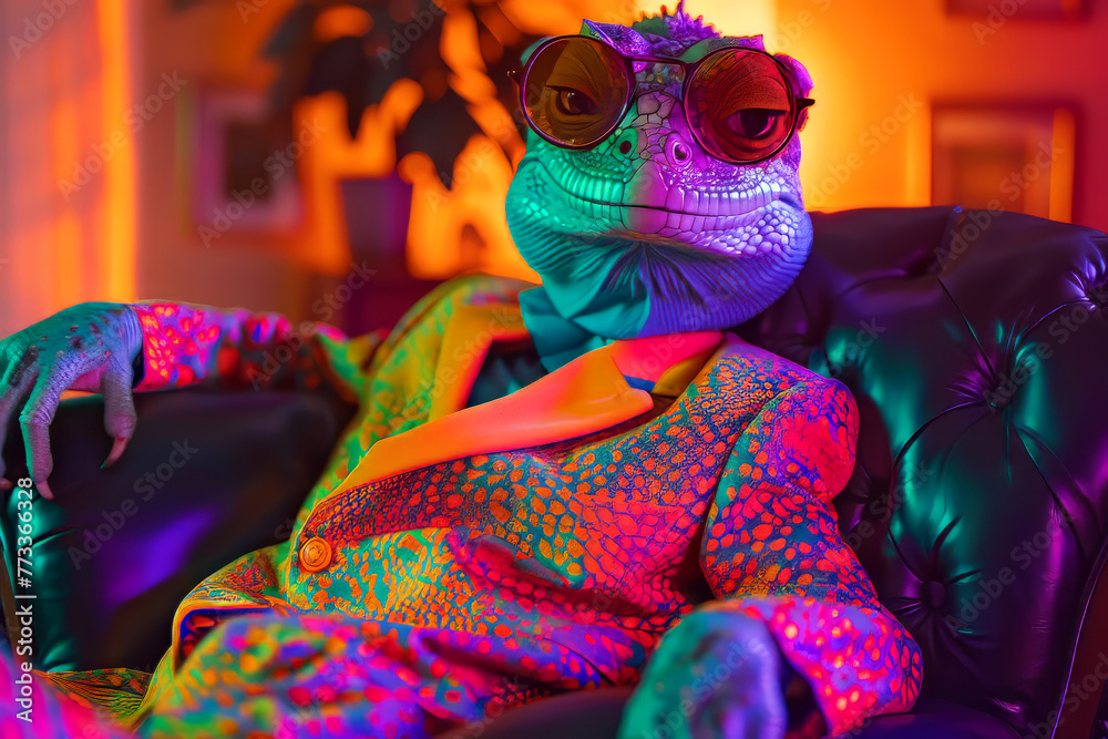 A lizard wearing a suit and sunglasses is sitting on a black leather ...