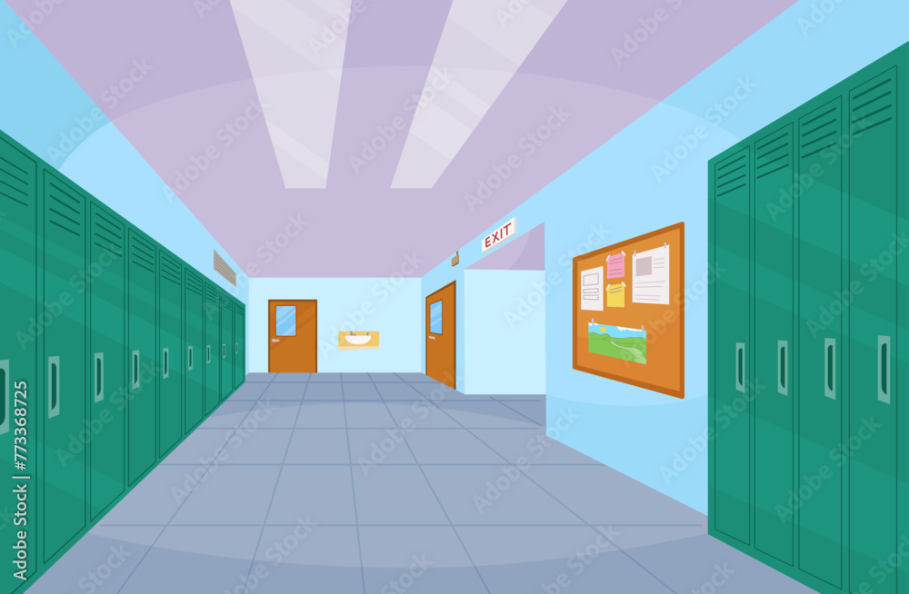 School hallway interior with entrance doors, lockers and bulletin board ...