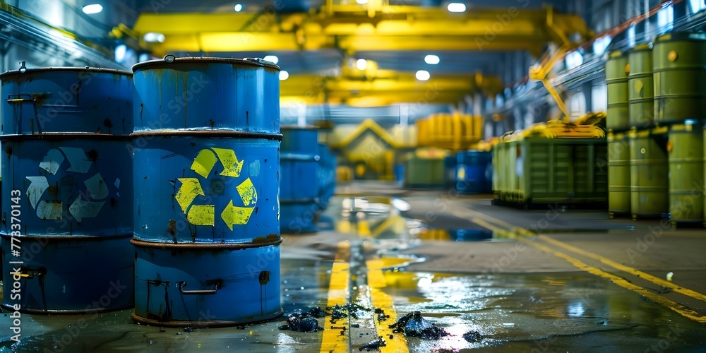 Radioactive waste barrels with hazard symbols in secure industrial ... Radioactive waste barrels with hazard symbols in secure industrial ...