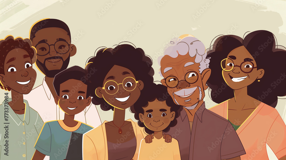 Animated illustration of a happy, diverse family with grandparents and ...