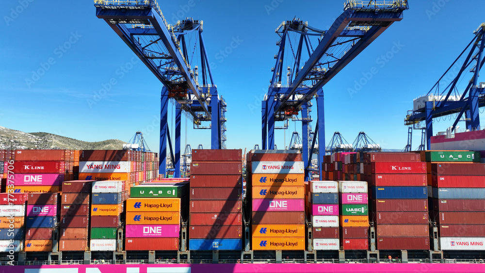 Aerial drone photo of ONE Manhattan container being loaded in ...