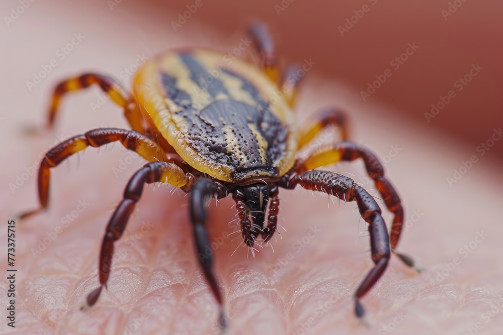 A tick close-up sits on a person’s skin and tries to bite him. Enlarged ...