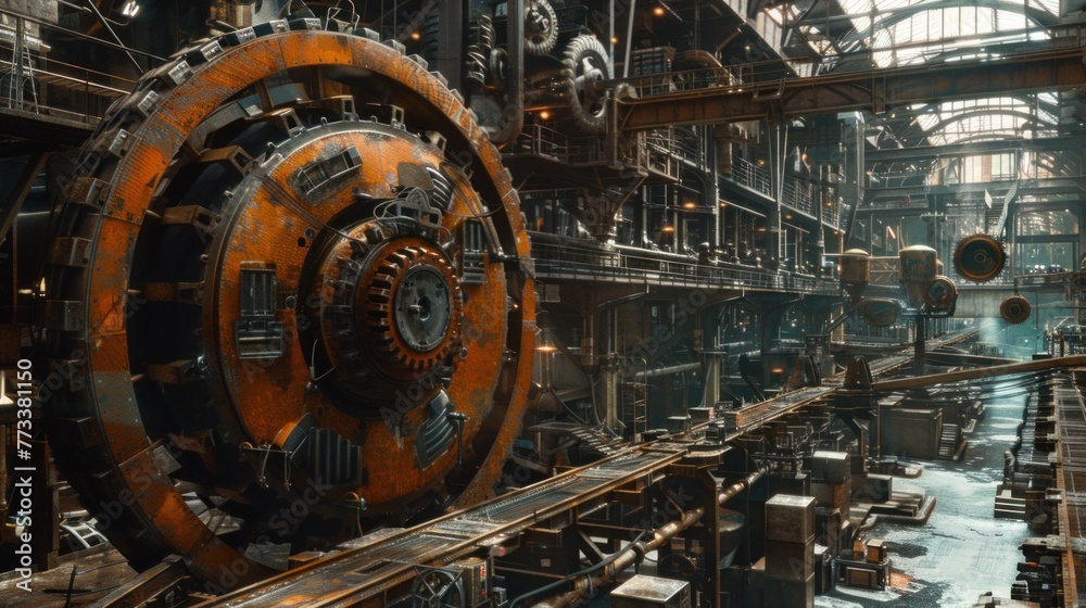 In a bustling factory, gears turn and belts spin with mechanical ...