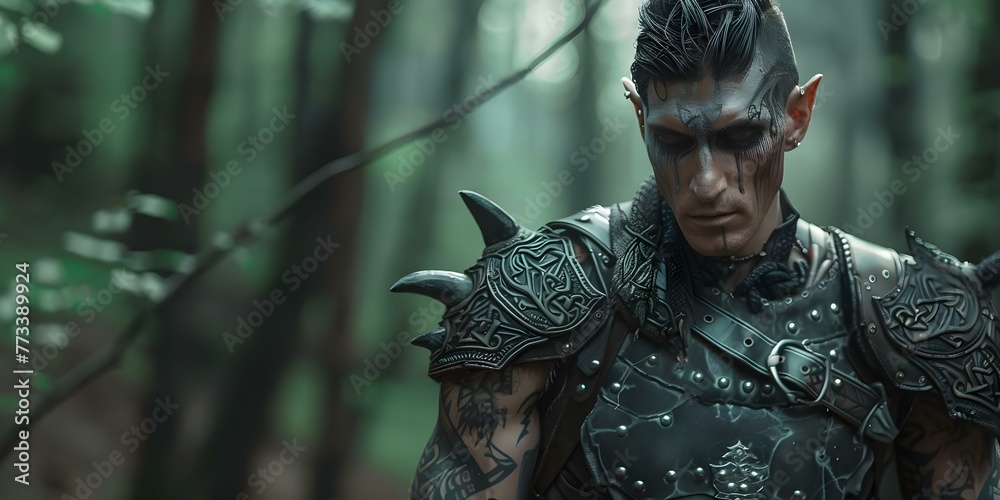 Male elf ranger in a dimly lit forest with gray skin black hair tattoos ...