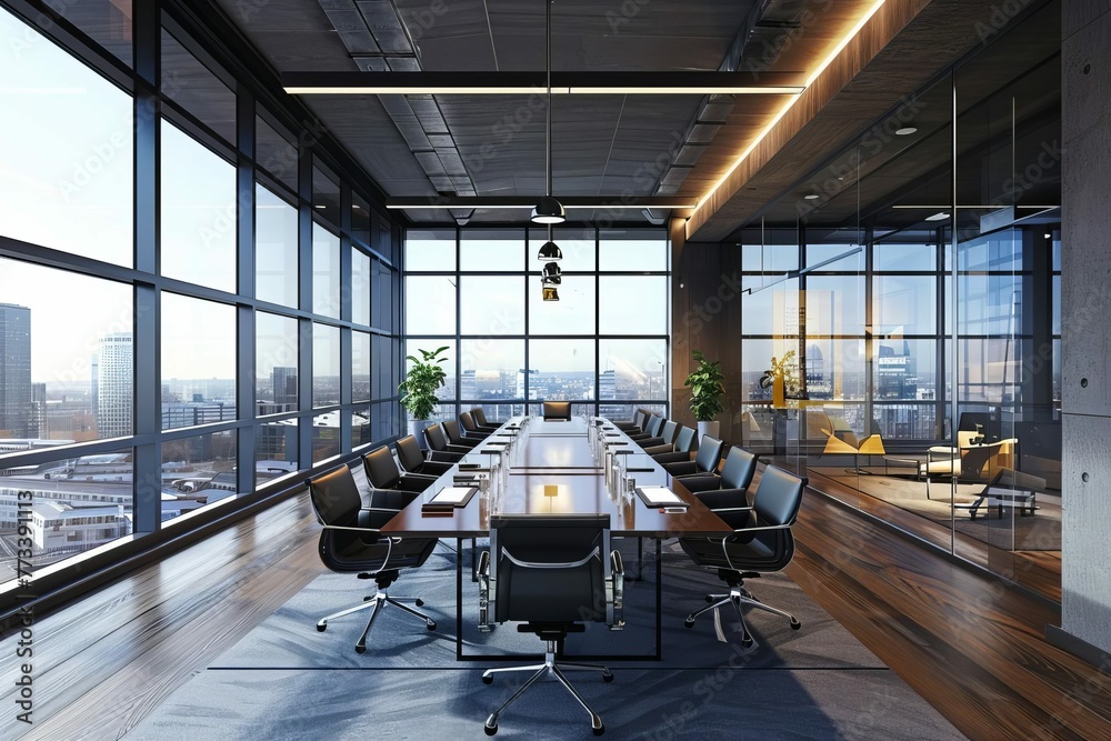 Sleek and modern conference room with large windows, an ideal virtual ...