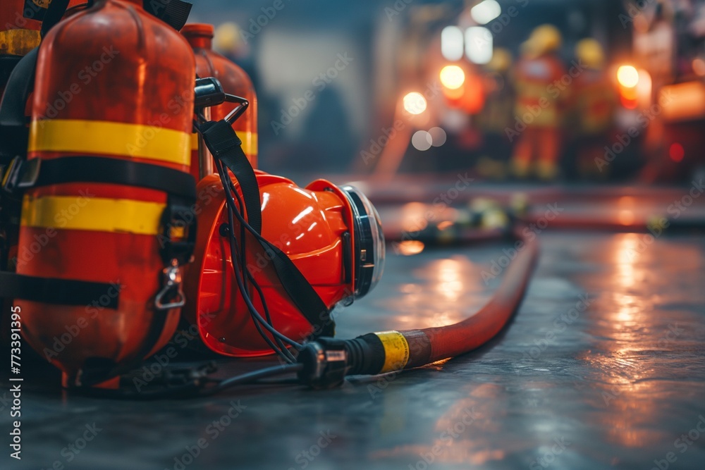 firefighter equipment on a floor with copy space, firefighter equipment ...