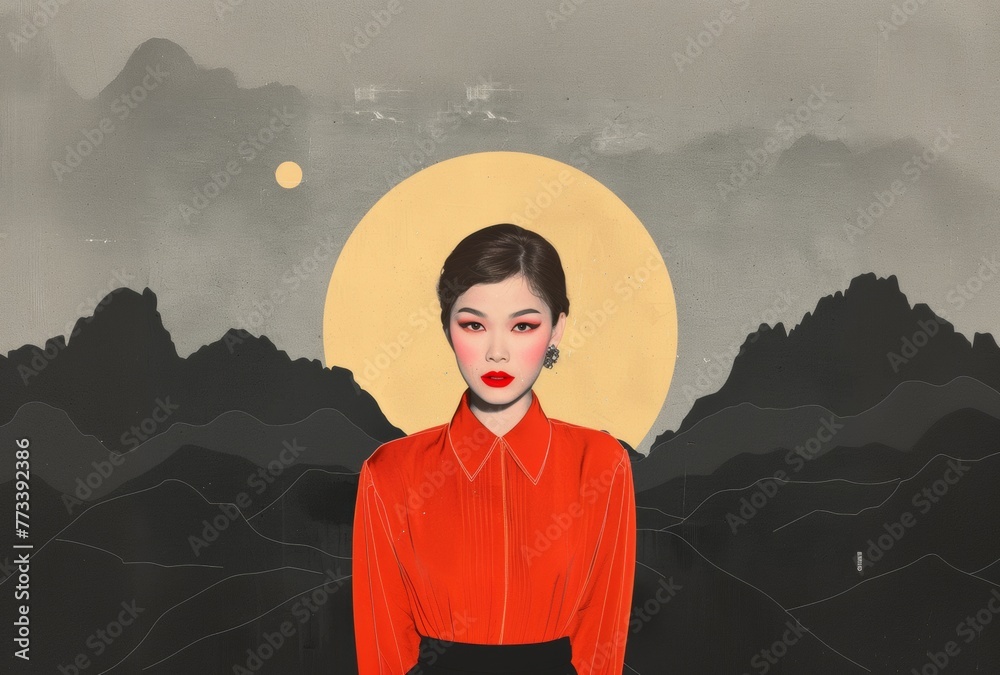 Asian Business woman illustration 2D poster design with geometric ...