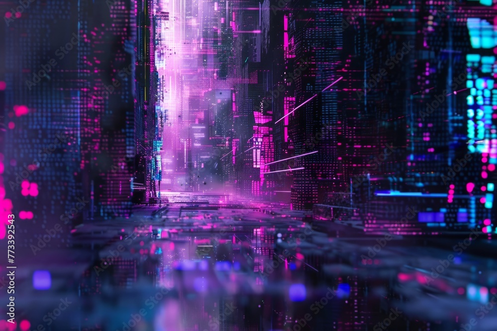 anaglyph and glitch art, with purple and blue on a black background ...