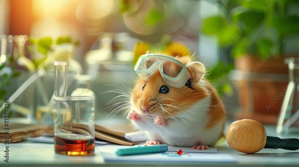 Cute hamster scientist wearing tiny lab coat and safety goggles ...