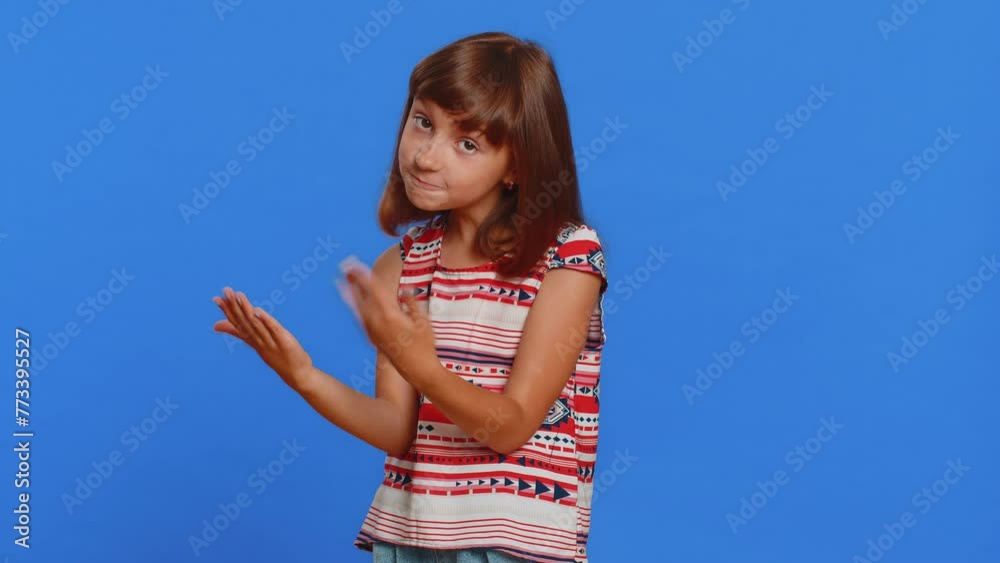 Child girl kid raising hands asking what why reason of failure ...
