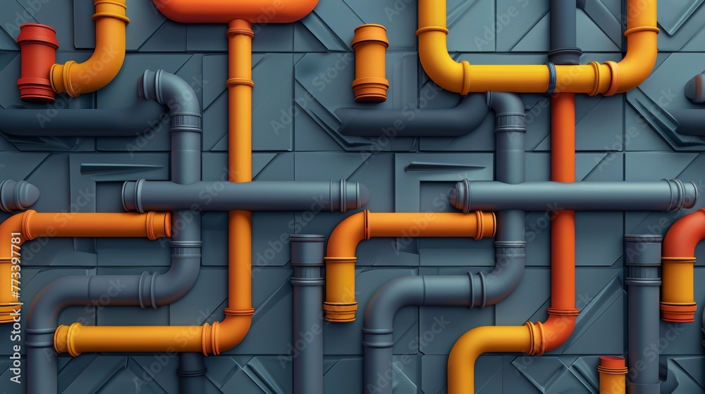 Detailed industrial pipeline structure with blue and orange pipes. 3D ...