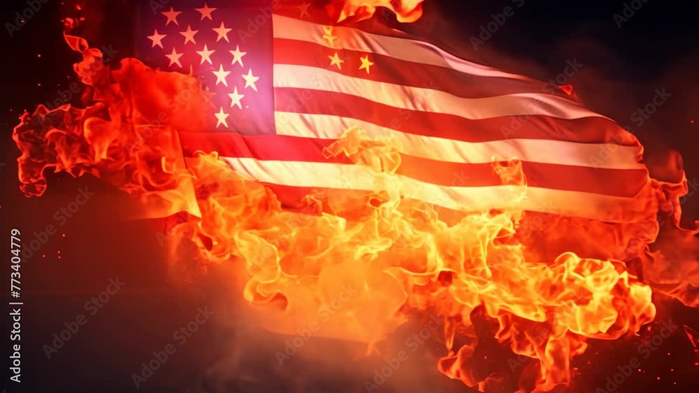 Vidéo Stock United States of America flag with fire and smoke on a dark ...