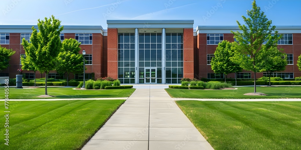A typical American school building with brick facade grassy ...