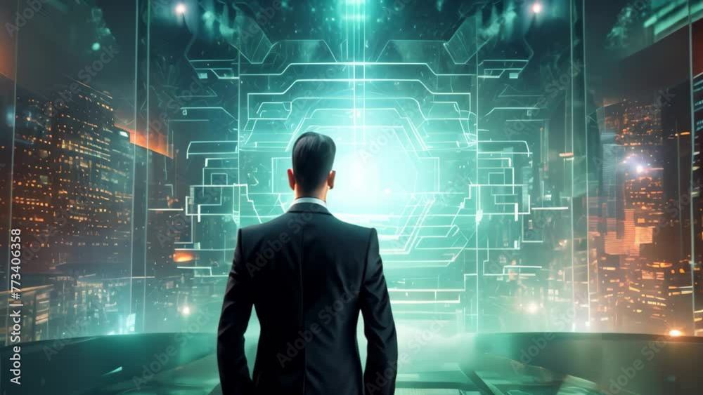 Rear view of businessman looking at digital circuit board. Technology concept, A businessman ...