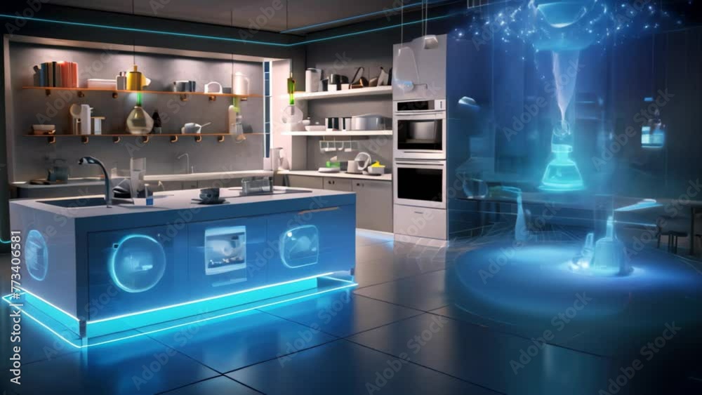 Video „3d rendering of a modern kitchen with blue glowing lights and ...