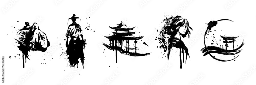Japanese ink brush vector stain set, asian symbol collection, oriental ...