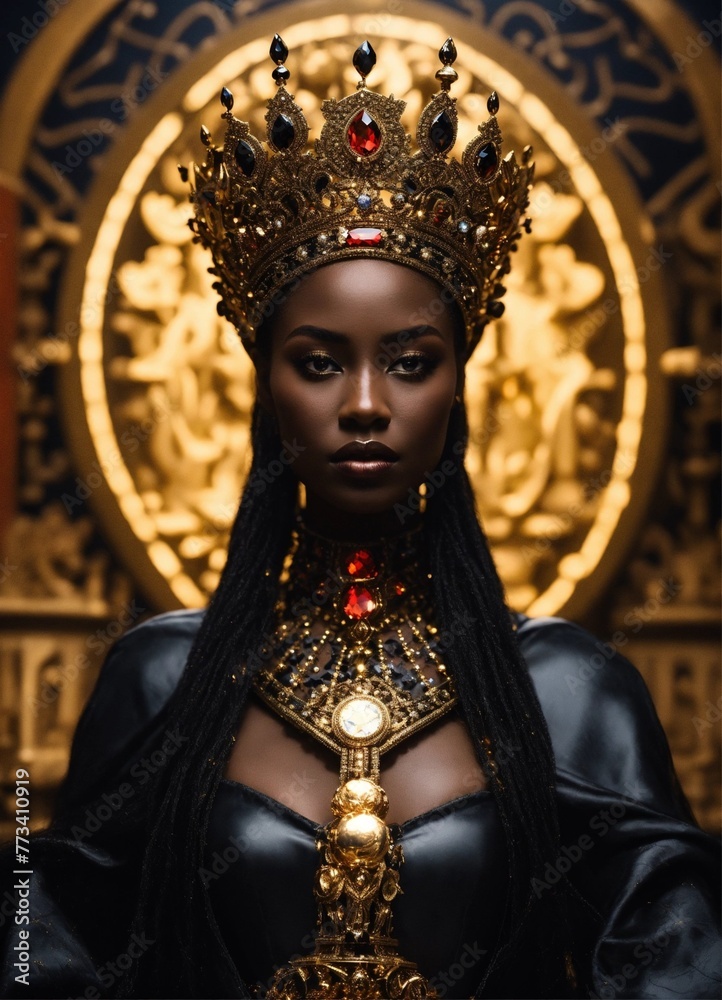 Minimalism. Black Solar Queen with long oversized red flowing hair. As ...