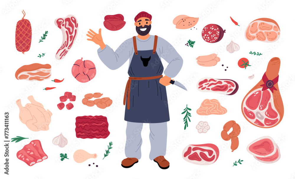 Cartoon butcher with meat. Farm meat delicatessen. Man in apron with ...