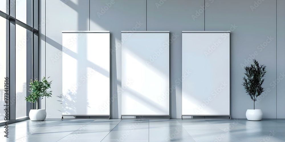 Three vertical rollup banners displayed at a trade show booth mockup ...