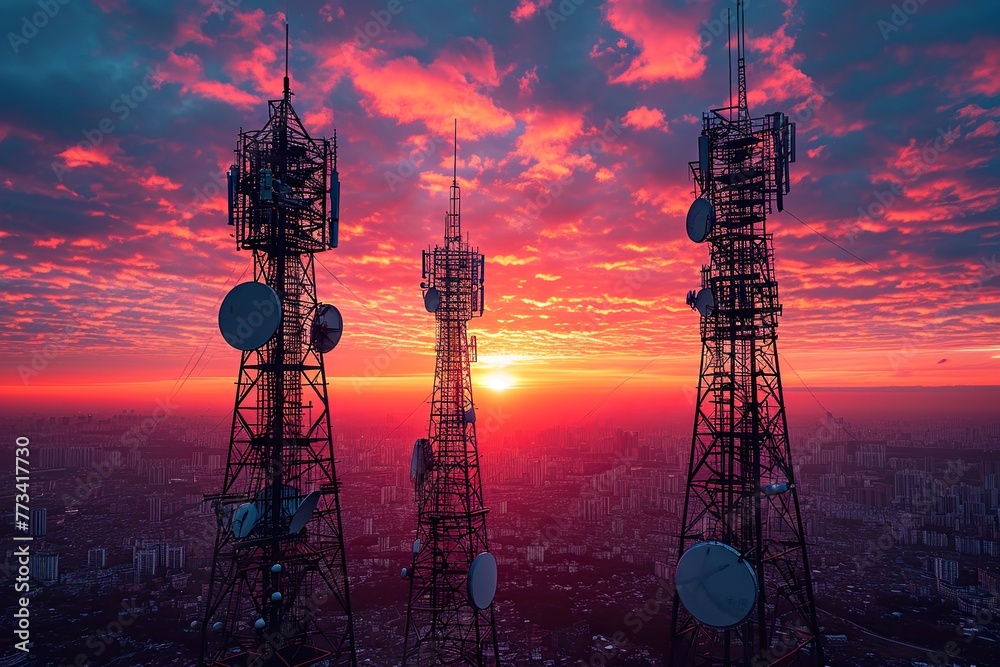 Silhouette, telecommunication towers with TV antennas and satellite dish in sunset Stock Photo ...