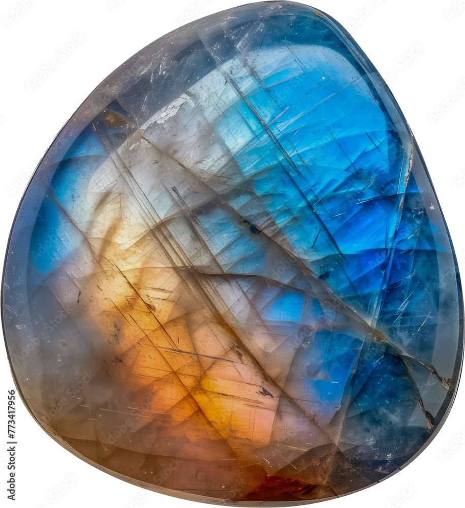 Polished moonstone cabochon with blue and golden sheen cut out on ...