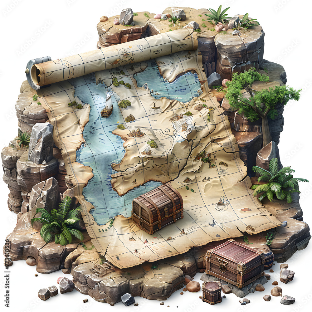 Treasure map with treasure chest isolated on white background, isometry, png Stock Illustration ...