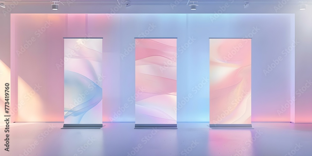 Mockup of three vertical rollup banners displayed at a trade show booth ...