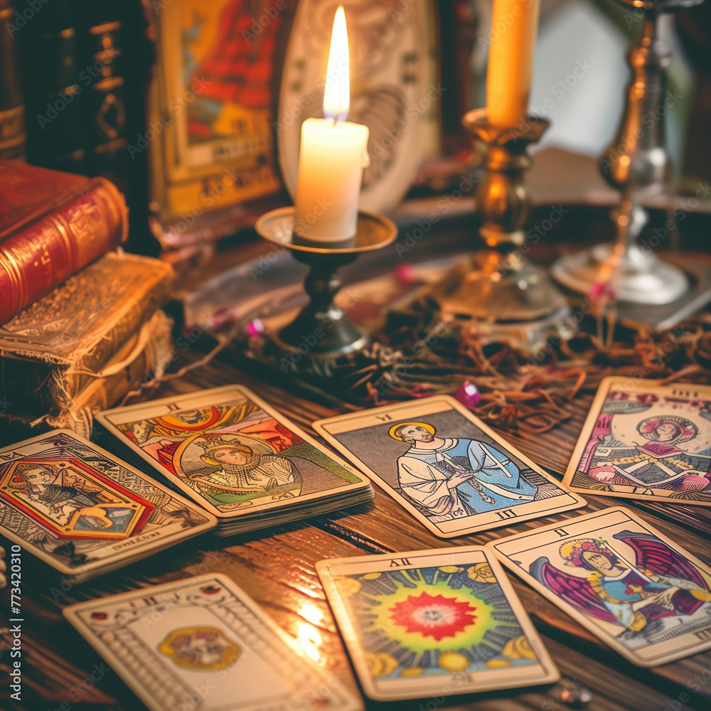 image of a tarot reader's table, deck of tarot cards, prediction of the ...
