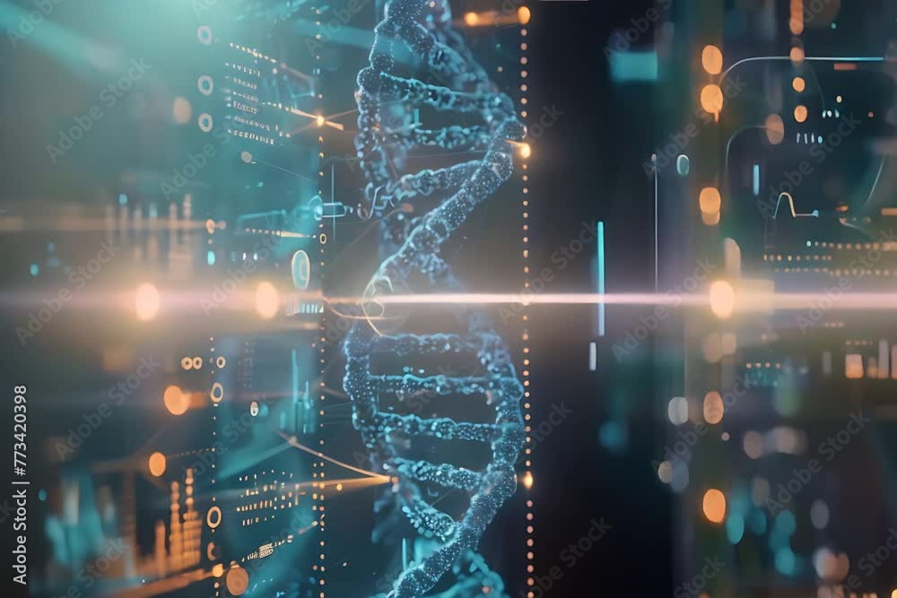 Testimonial video of a digital DNA image. there are medical symbols ...