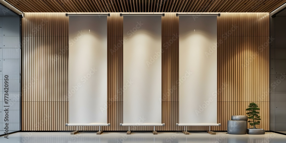 Mockup of Three Vertical Rollup Banners at a Trade Show Booth. Concept ...