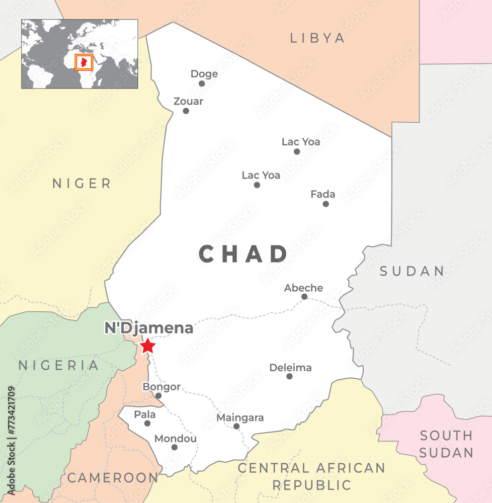 Chad Political Map with capital NDjamena, most important cities with ...