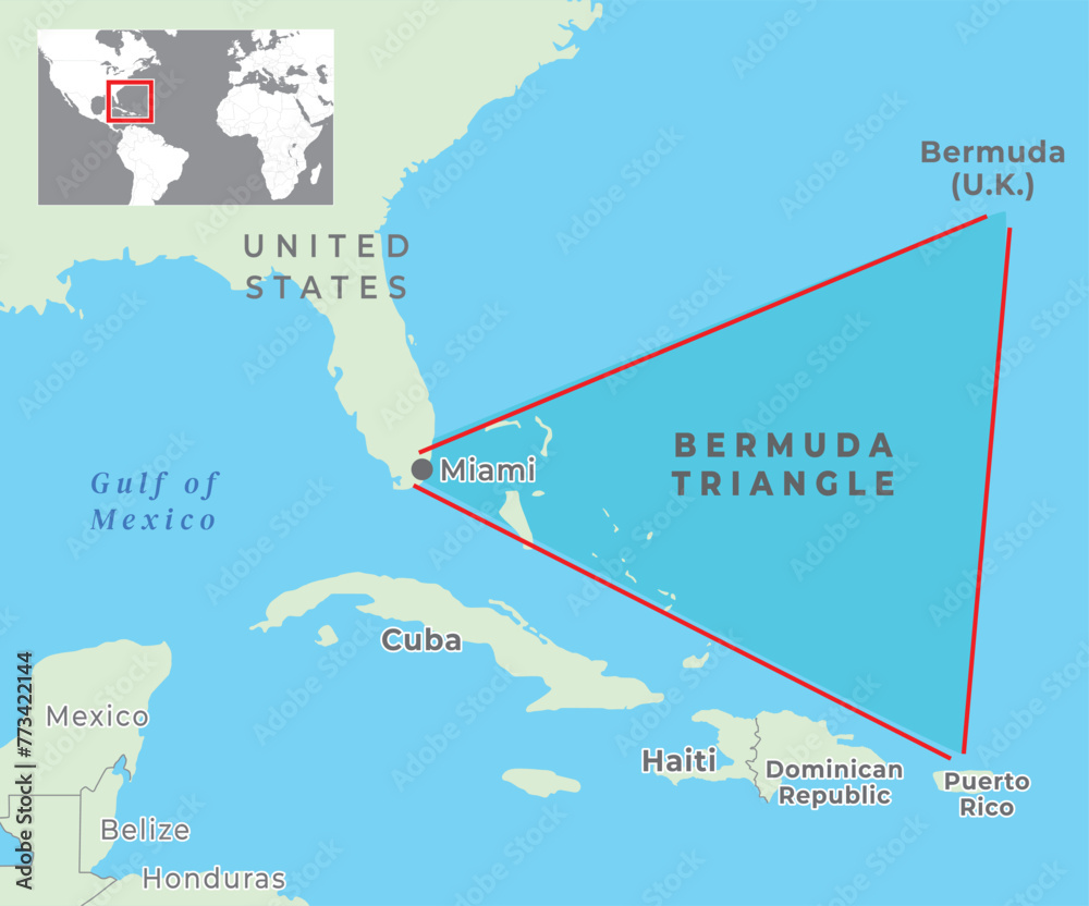 Bermuda Triangle & Devils Triangle map, Region in North Atlantic Ocean ...