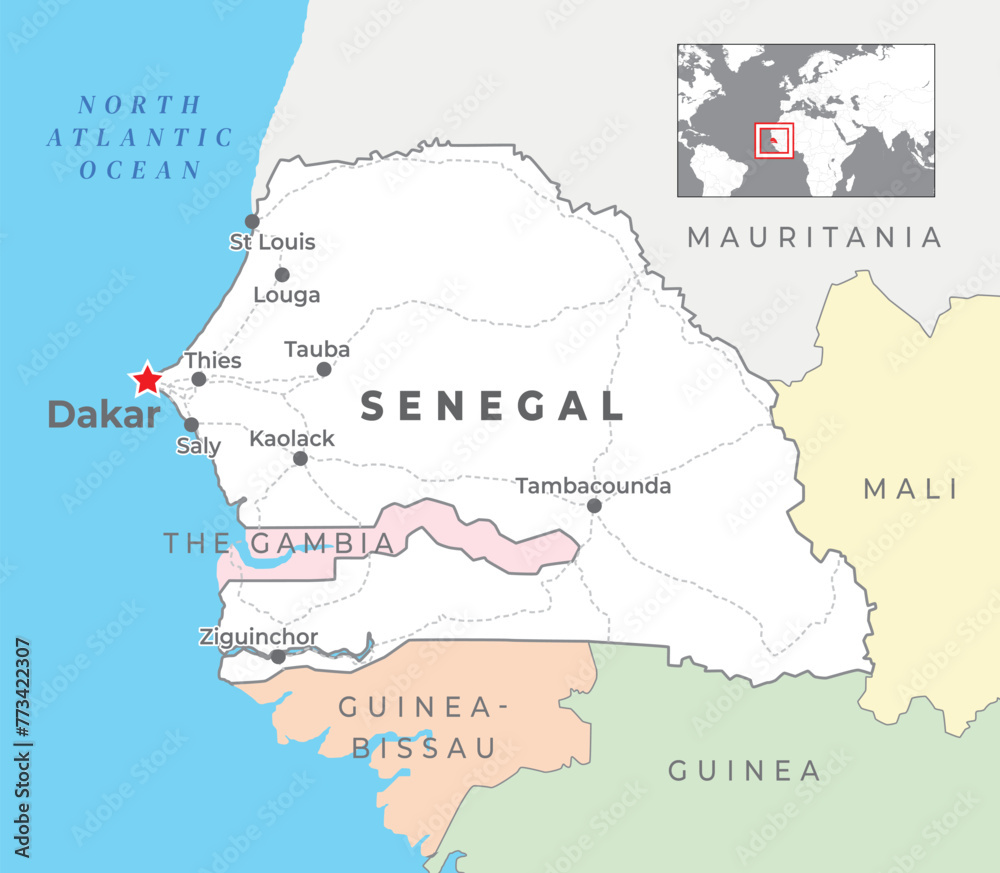 Senegal Political Map with capital Dakar, most important cities with ...