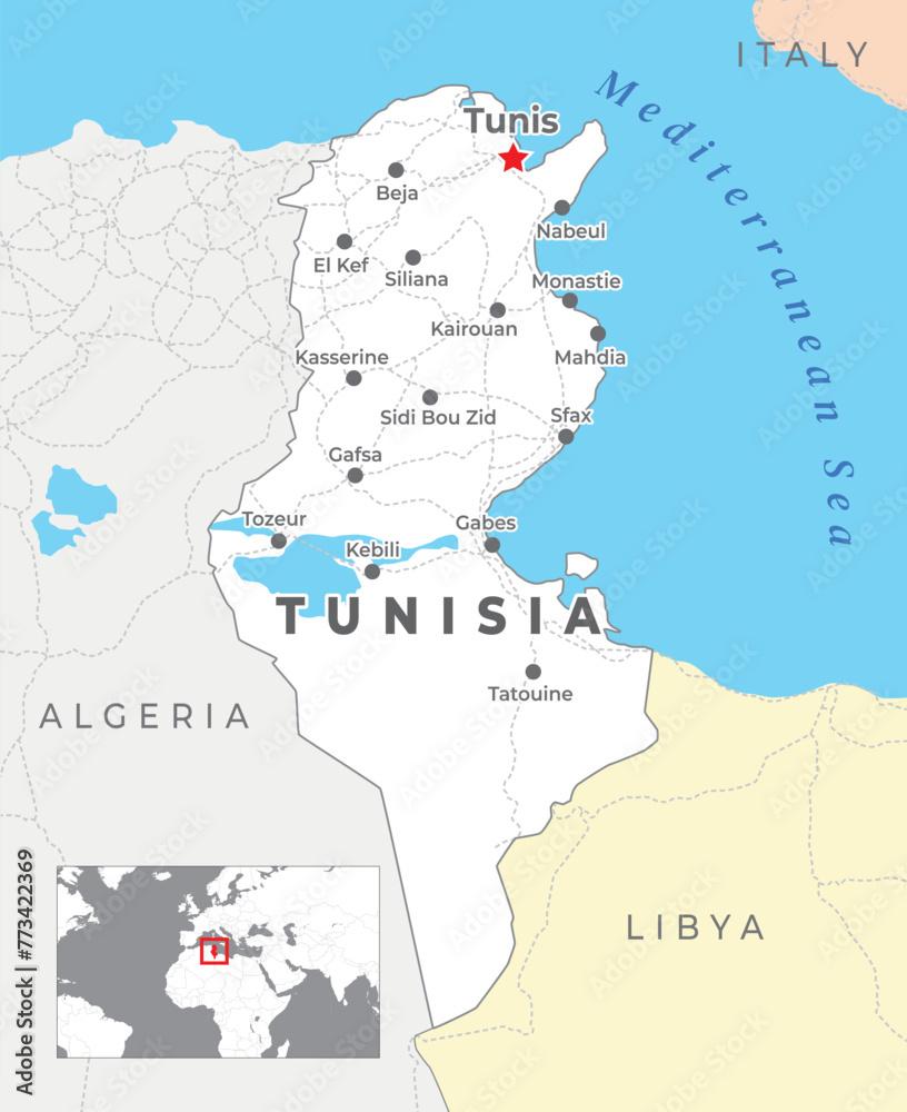 Tunisia Political Map with capital Tunis, most important cities with ...