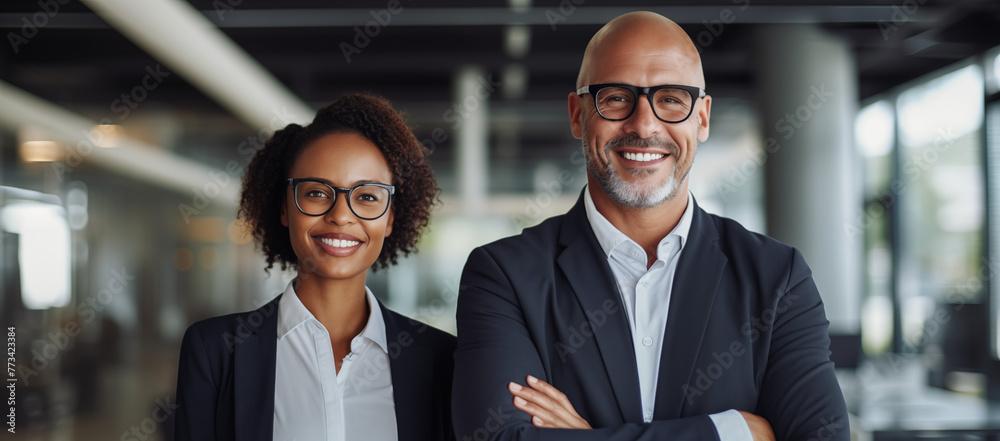 A confident businessman and his female boss standing back to back with ...