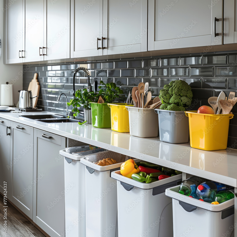 Modern kitchen with labeled waste separation bins: glass, paper ...