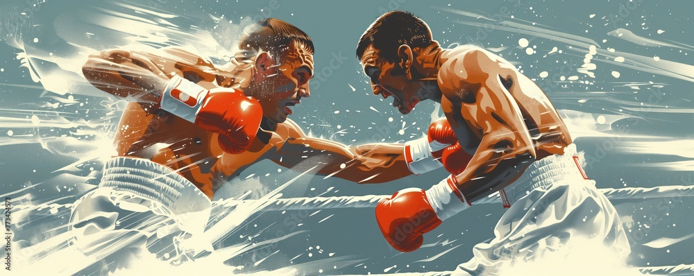 Boxing match. Two boxers fight desperately in the ring at the Olympic ...