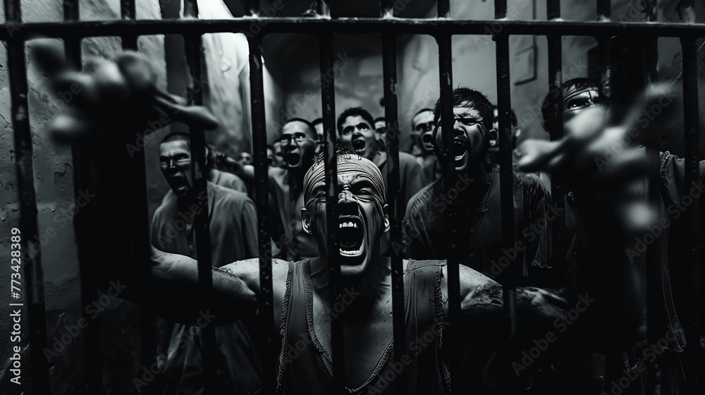 Showcasing a small group of prisoners screaming inside the ancient ...